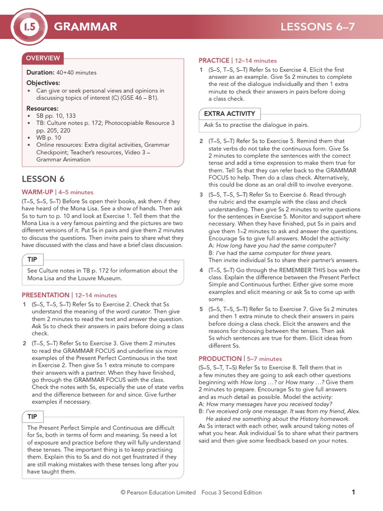 Focus3 2E LessonPlans U01 Lesson6 7 Grammar | PDF | Question | Linguistics