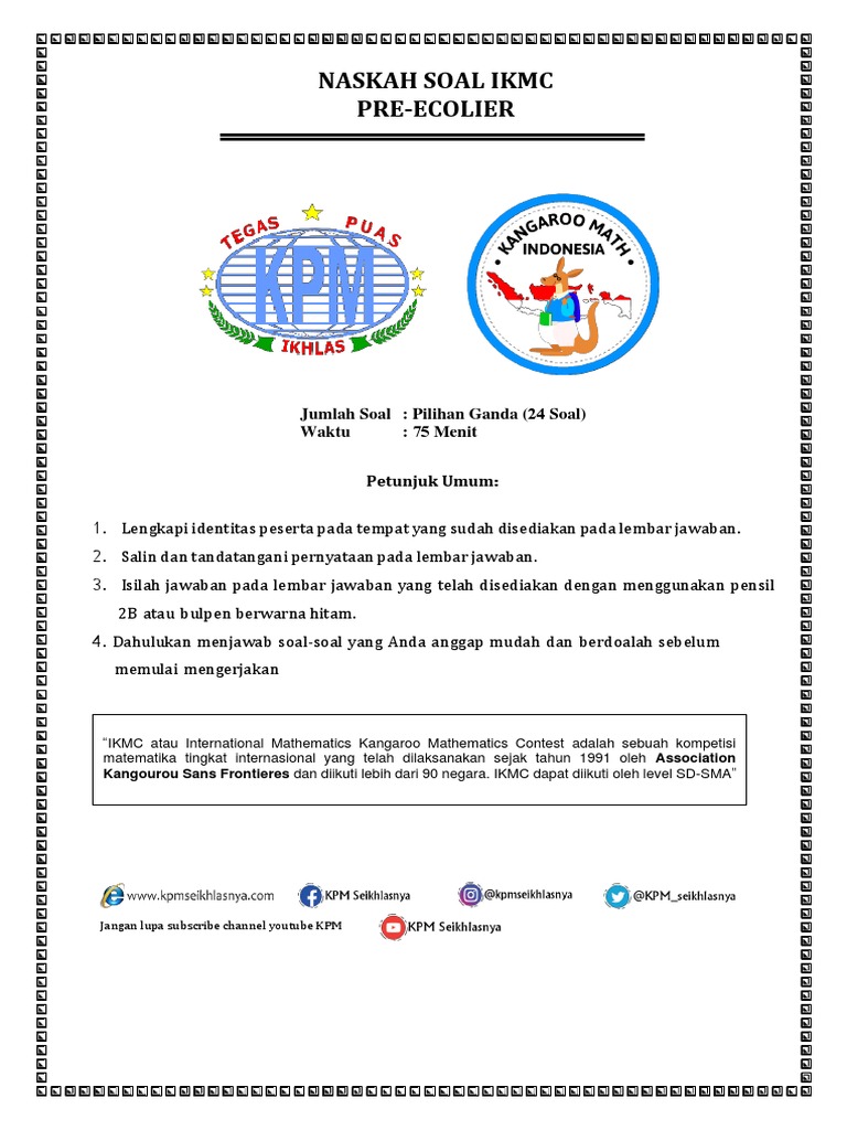 Naskah Soal Ikmc Pre-Ecolier: Minggu, 27 Maret 2022 | PDF