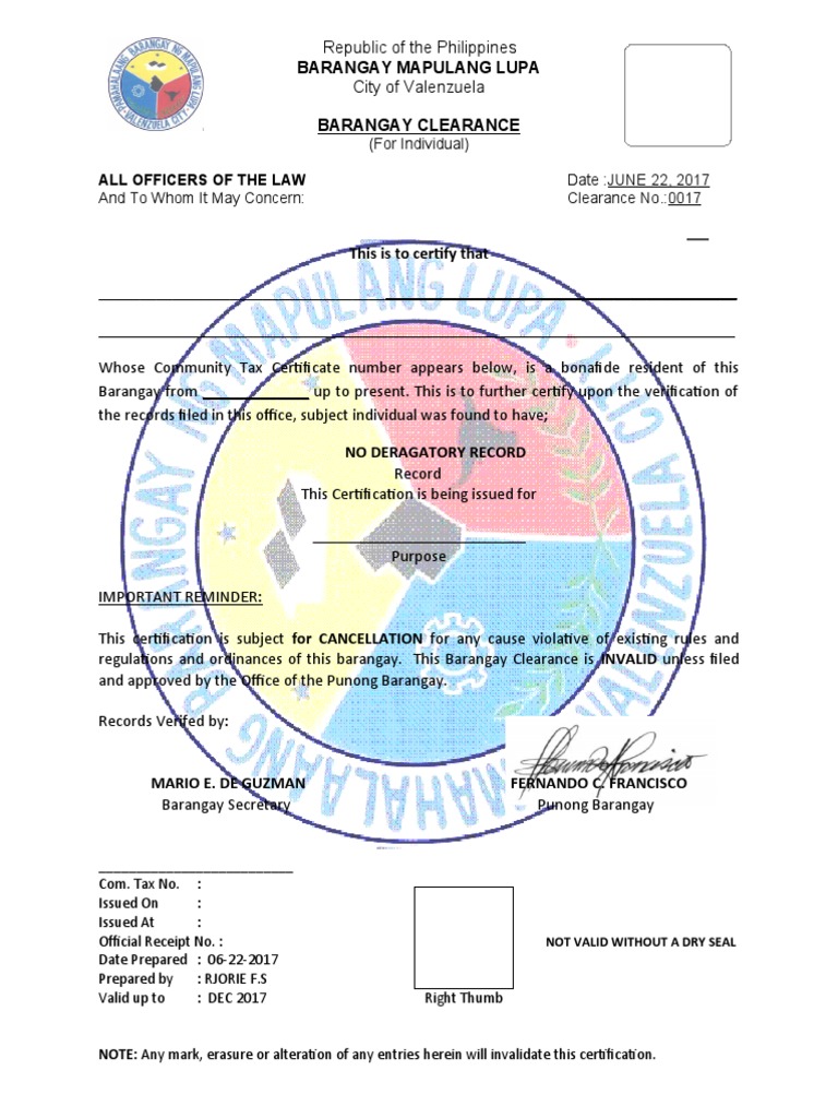 Barangay Clearance Sample Document | PDF