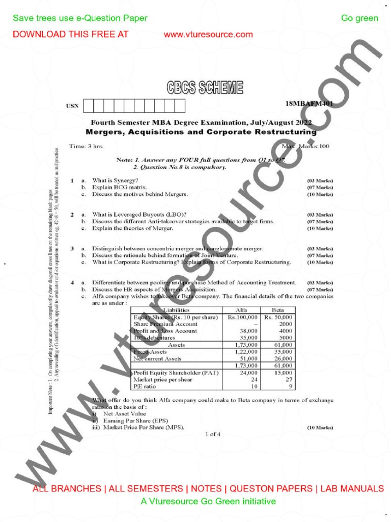VTU QP Mergers and Acquisitions | PDF