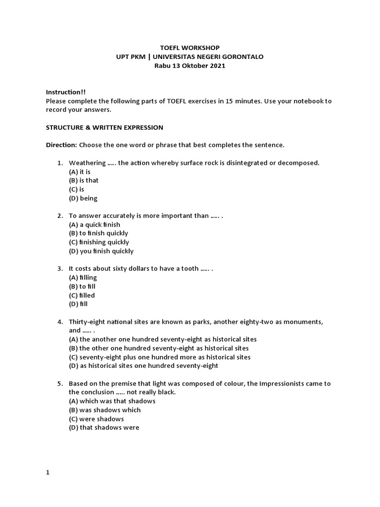 Latihan Structure - Written Expression and Reading Comprehension | PDF ...