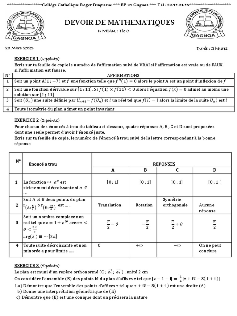 Devoir de Mathématiques Tle C - 2023 | PDF | Plan (Géométrie) | Objets mathématiques