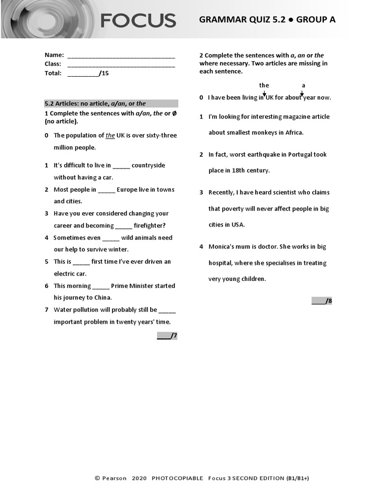 Focus3 2E Grammar Quiz Unit5 2 GroupA | PDF