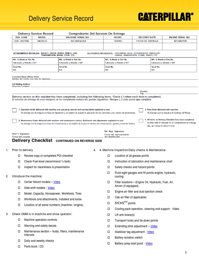 Backhoe Loader Delivery Service RecordChecklist | PDF | Loader ...