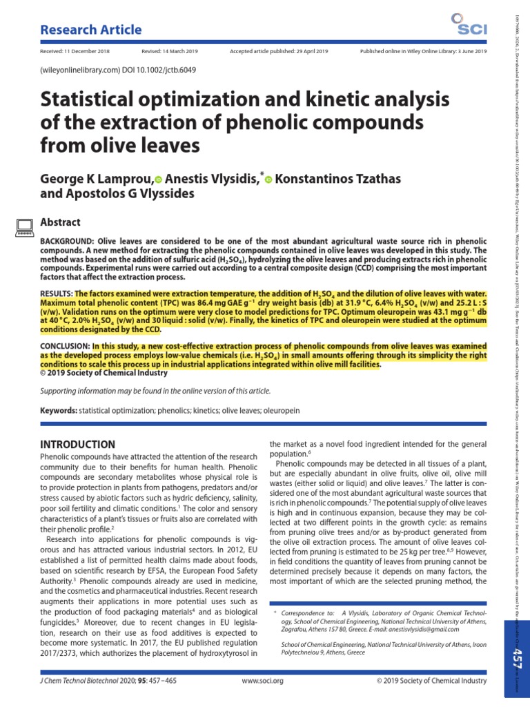 Statistical Optimization and Kinetic Analysis of The Extraction of Phenolic Compounds From Olive ...