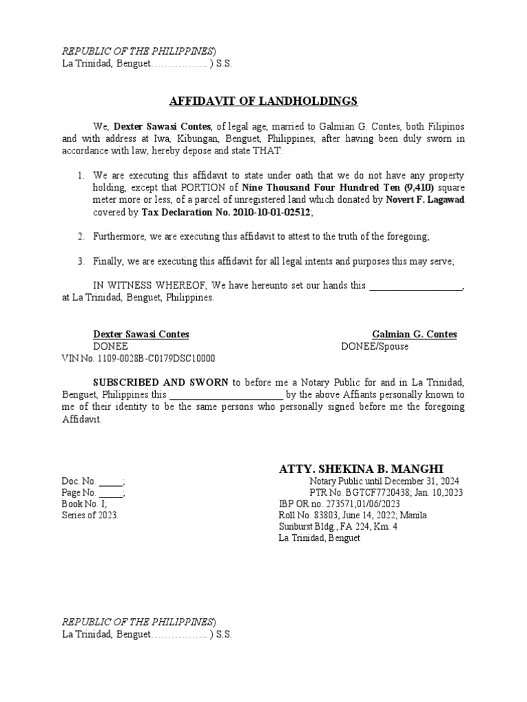 Affidavit of Landholdings: Republic of The Philippines) | PDF ...