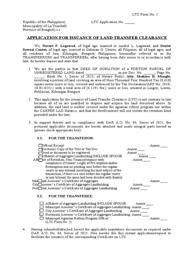 Application For Issuance of Land Transfer Clearance | PDF | Document ...