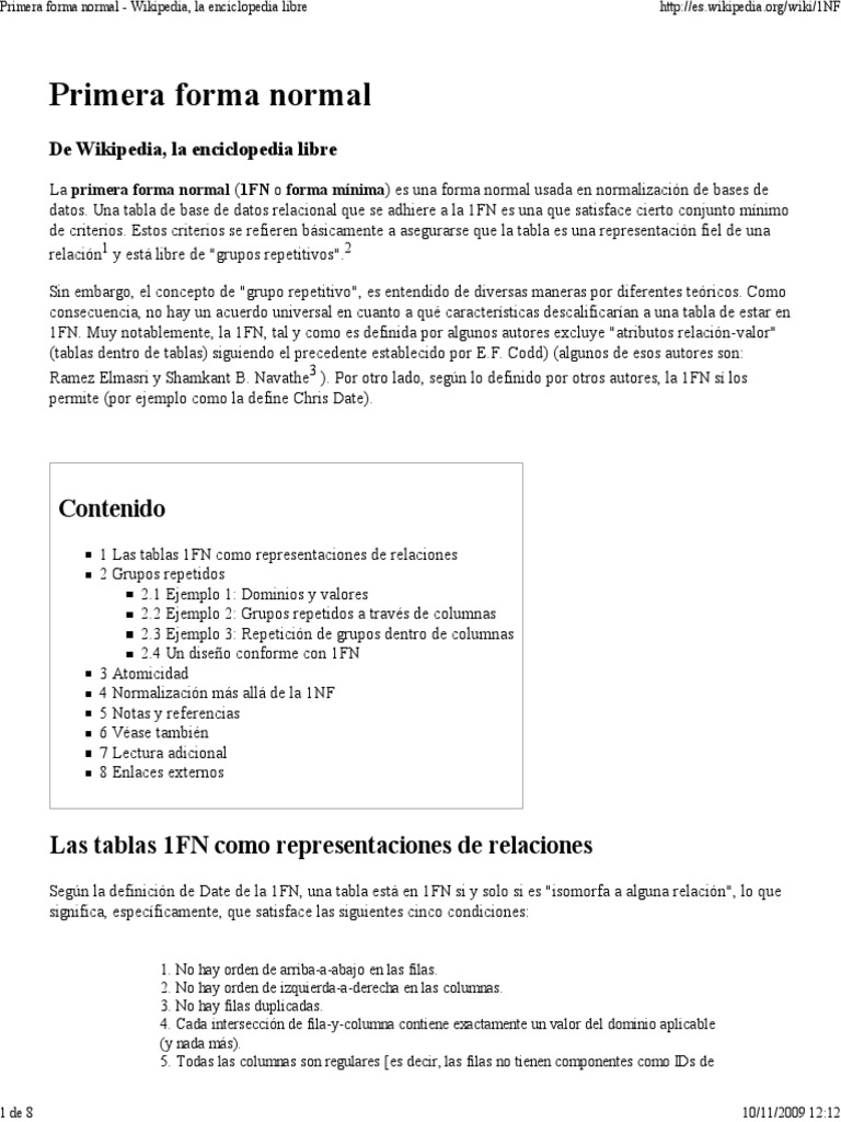 Primera Forma Normal en Bases de Datos | PDF