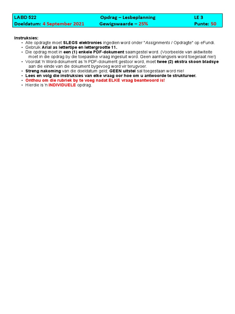 LABD 522 - Opdrag - LE 3 - Lesbeplanning - 2021 - AG - v2 | PDF