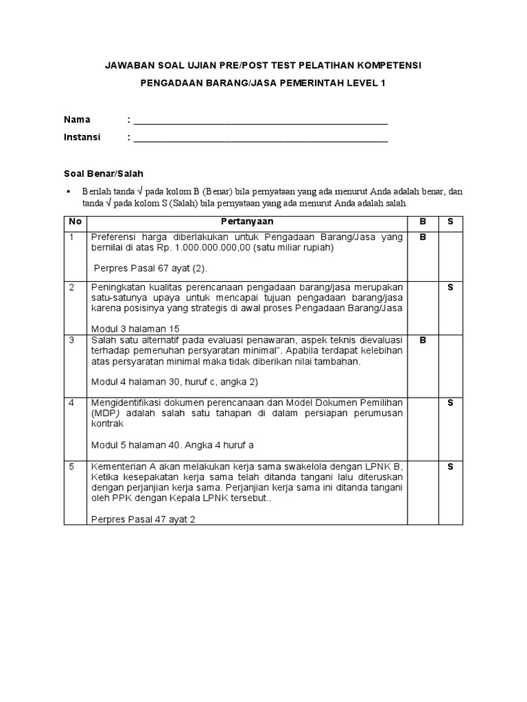 Soal PrePost Test Pelatihan Kompetensi PBJP Level-1 V 2.2 - Jawaban Ok ...
