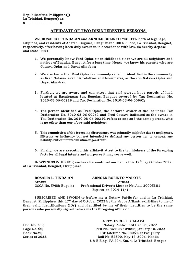 Affidavit of Two Disinterested Persons. Gatawa.2022 | PDF | Affidavit | Evidence