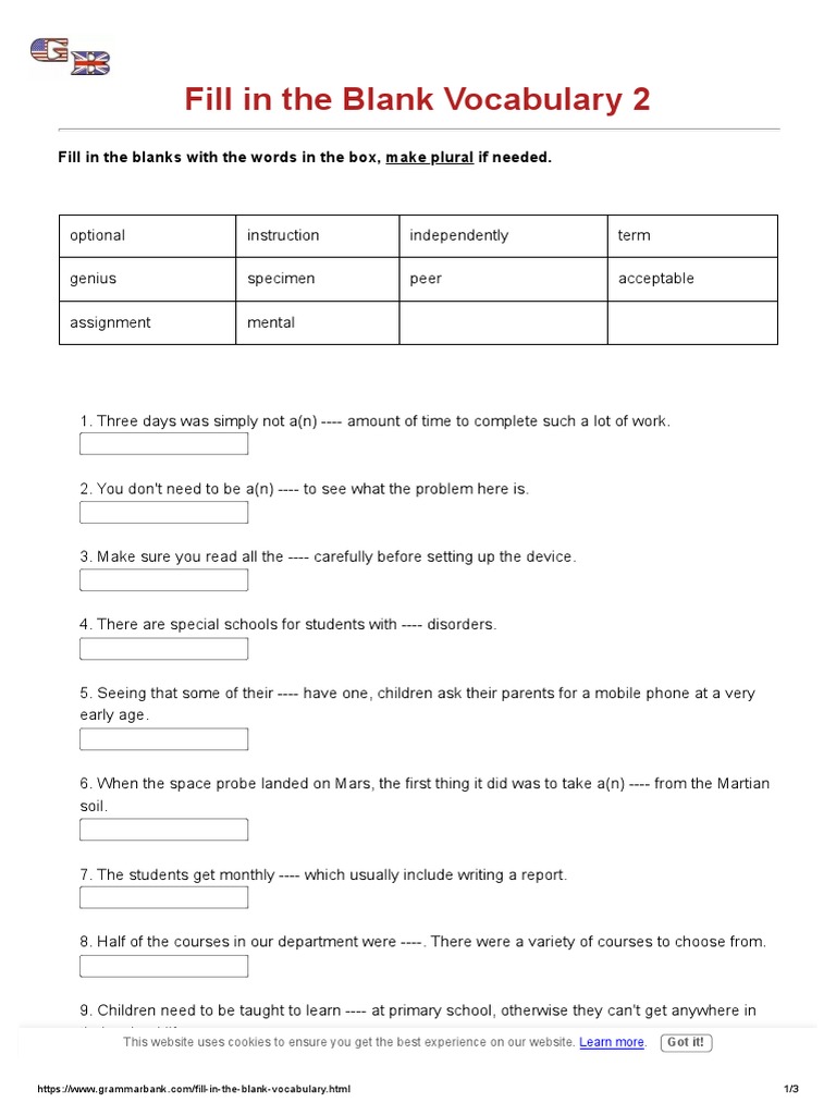 Fill in the Blank Vocabulary Exercises | PDF