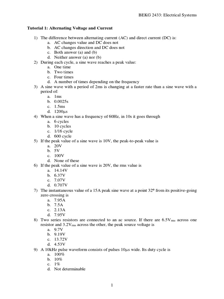 Tutorial 1 Alternating Voltage and Current | PDF | Root Mean Square | Amplitude
