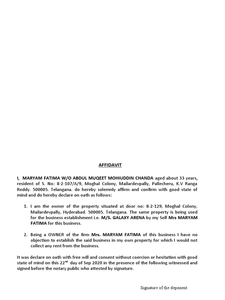 Affidavit: I, Maryam Fatima W/O Abdul Muqeet Mohiuddin Chanda Aged About 33 Years | PDF ...