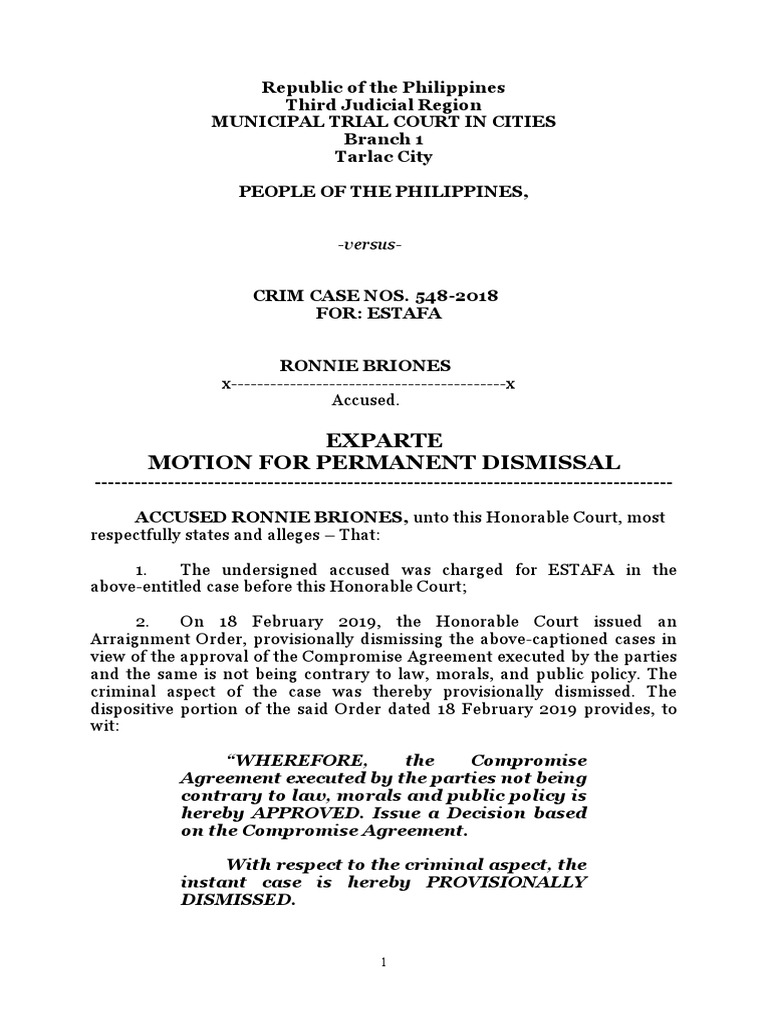 Motion For Permanent Dismissal MTC People Vs Ronnie Briones Shayne ...