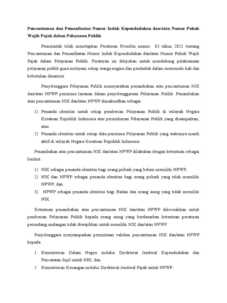 Pencantuman Dan Pemanfaatan Nomor Induk Kependudukan Dan | PDF