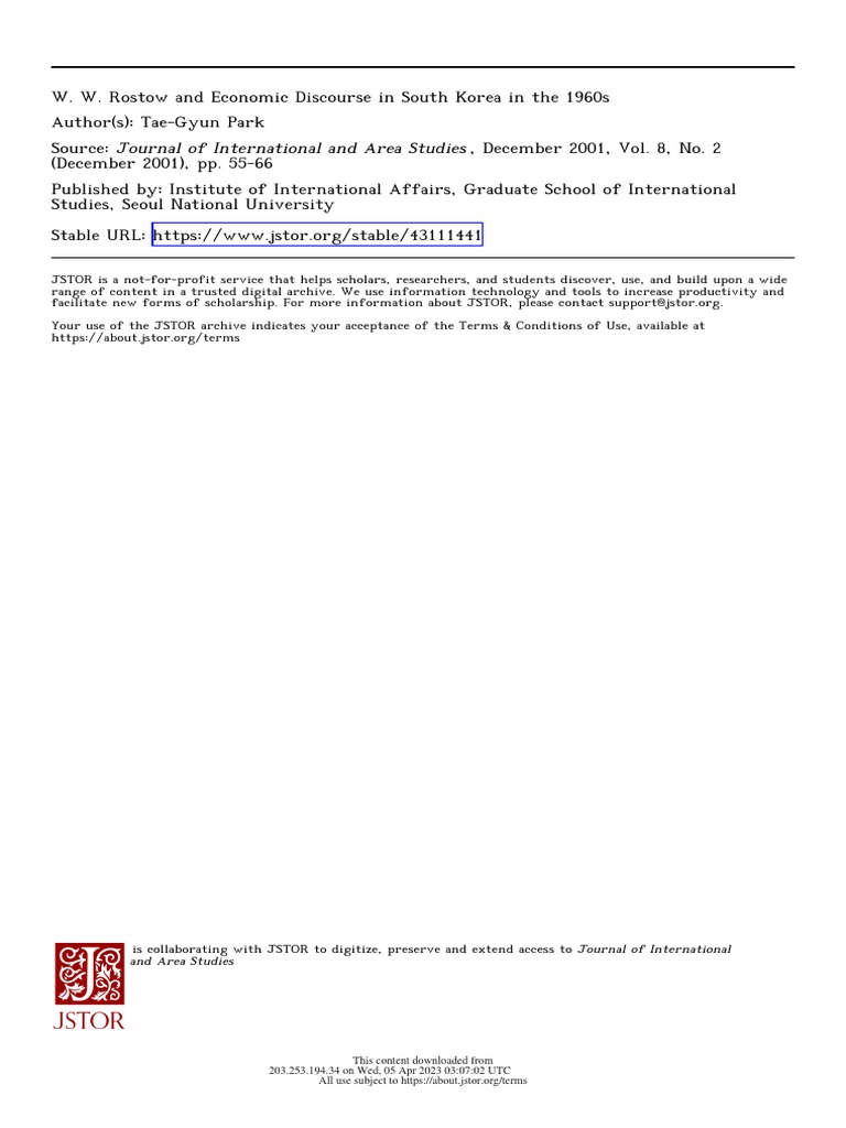 W. W. Rostow and Economic Discourse in South Korea in The 1960s | PDF ...