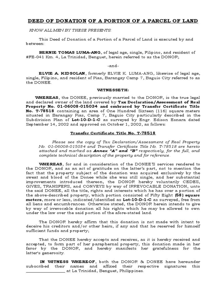 Deed of Donation of A Portion of A Parcel of Land | PDF | Environmental ...