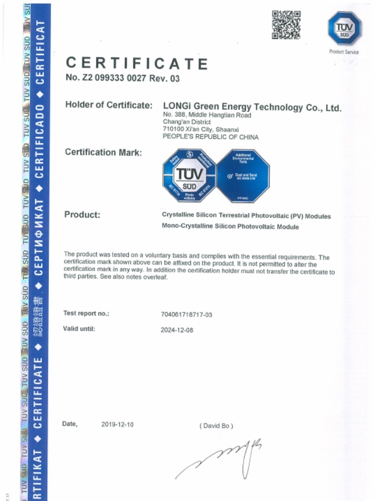 Certificado Módulos - Longi | PDF | Photovoltaics | Solar Panel
