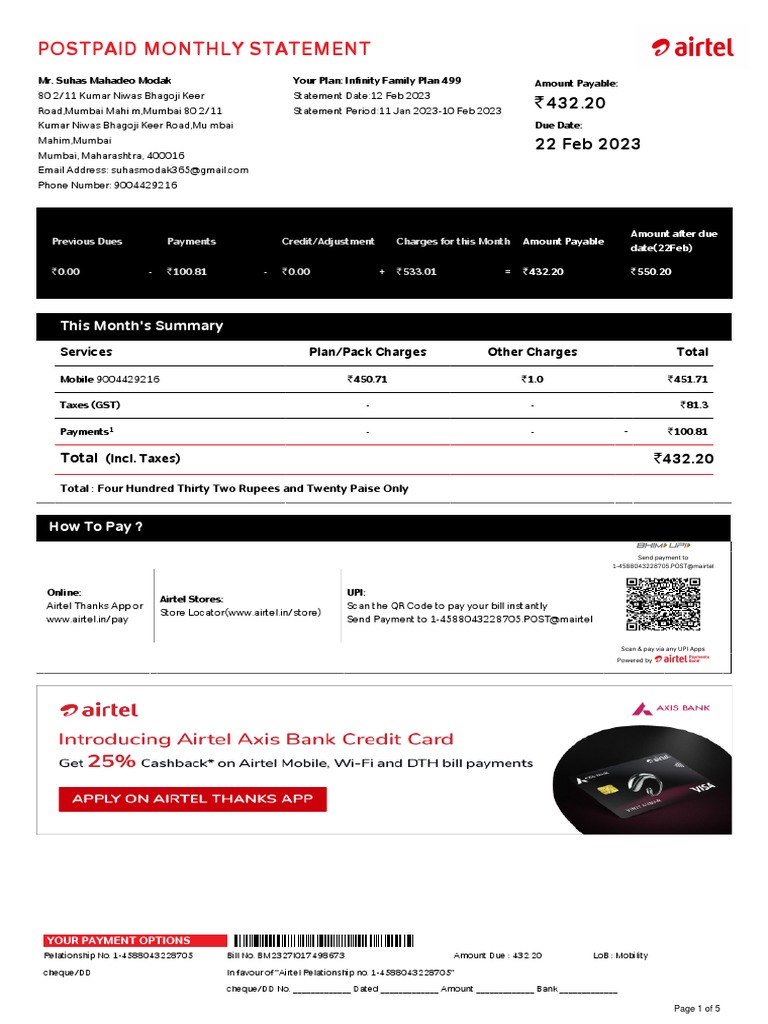 Airtel Postpaid Monthly Statement | PDF | Credit Card | Debit Card