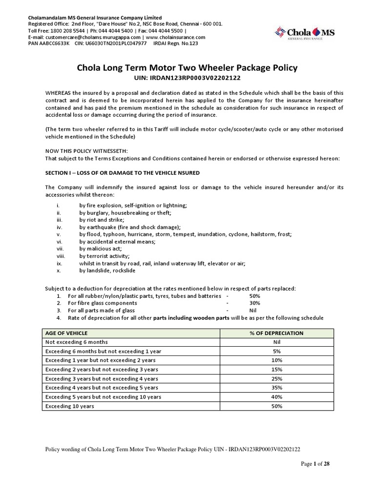 Chola Long Term Motor Two Wheeler Package Policy | PDF | Indemnity ...