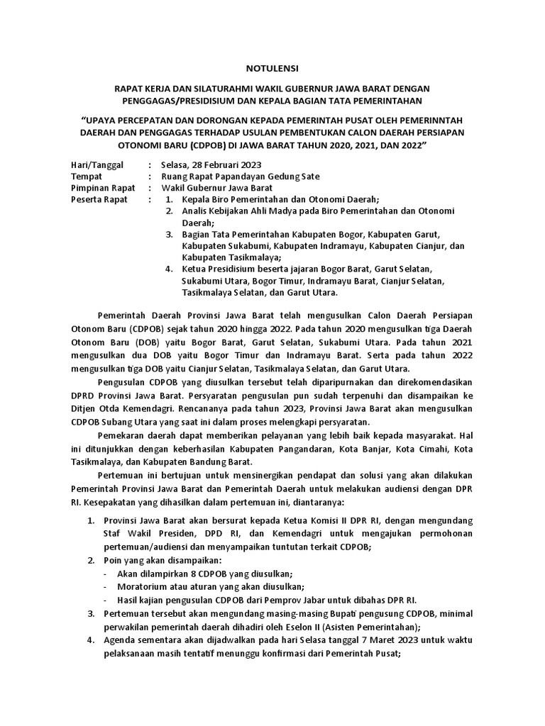 Notulensi Rapat Pertemuan CDPOB - 28 Februari 2022 | PDF