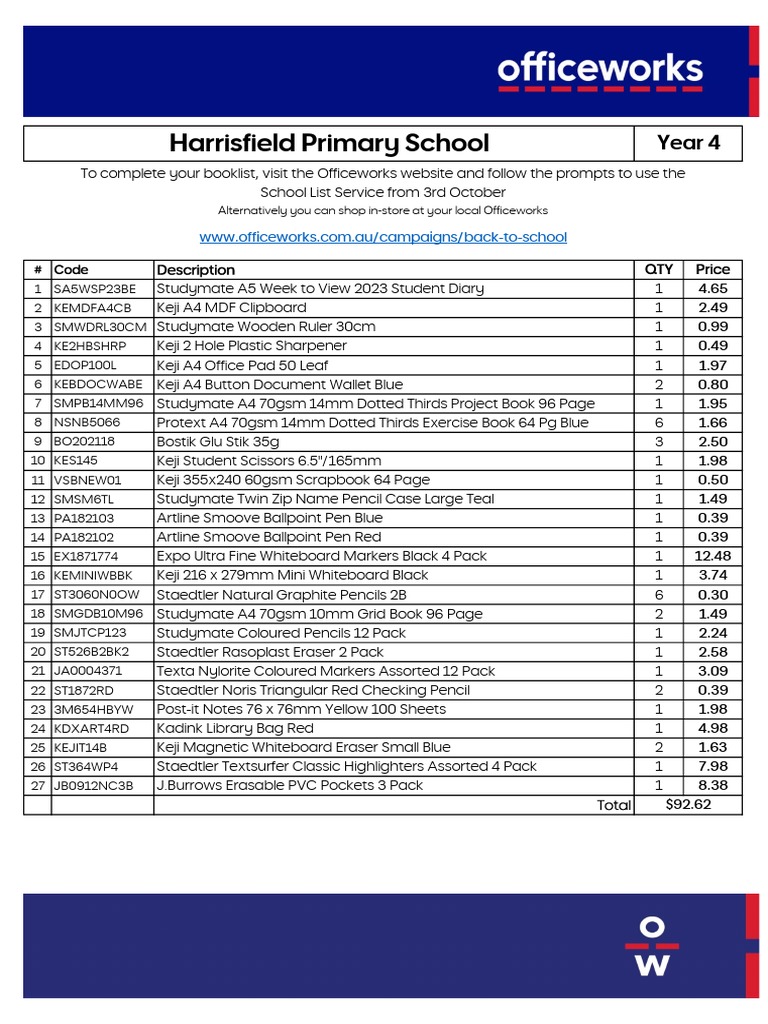2023 Booklist - Harrisfield Primary School - Year 4 | PDF | Pencil | Tools
