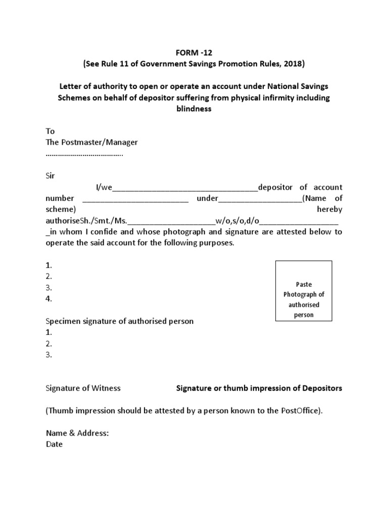 Form-12 Authority Letter For Opening of Account On Behalf of Differently Abled Blind | PDF