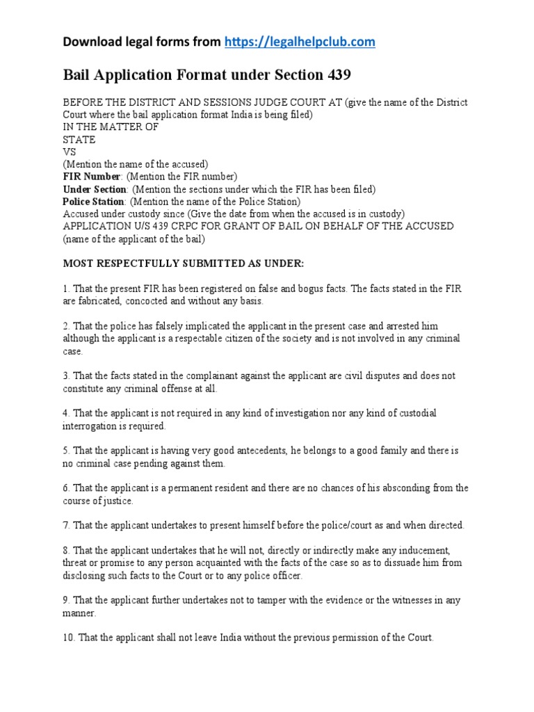 Bail Application Format Under Section 439 | PDF | Bail | Criminal Procedure In South Africa