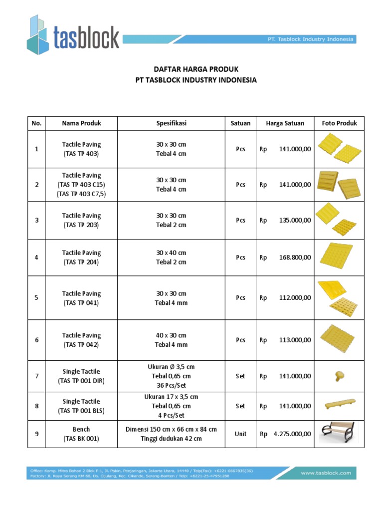 Daftar Harga PT Tasblock Industry Indonesia | PDF