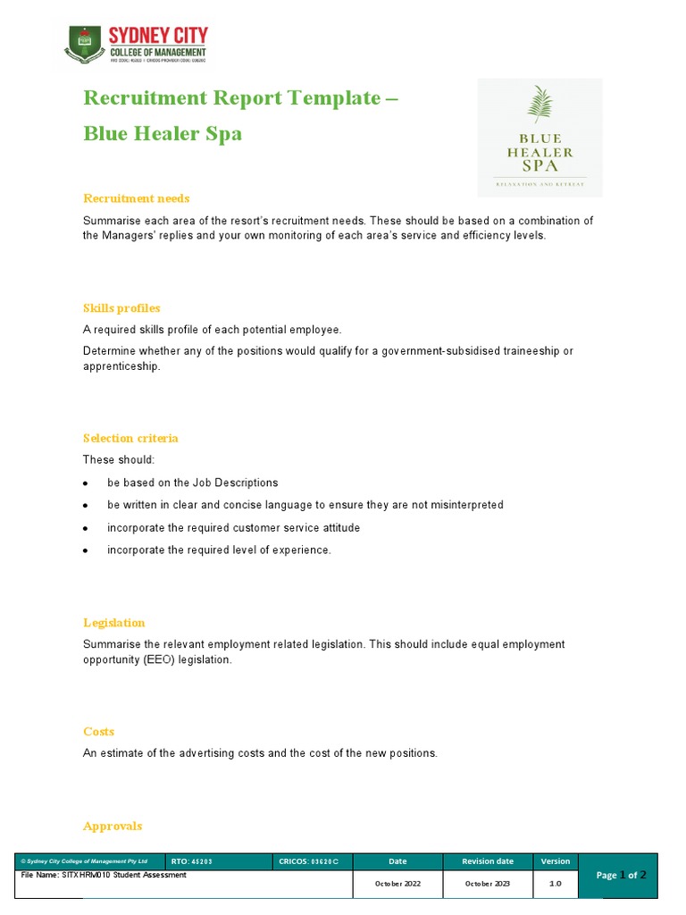 SITXHRM010 Recruitment Report Template | PDF | Recruitment | Employment