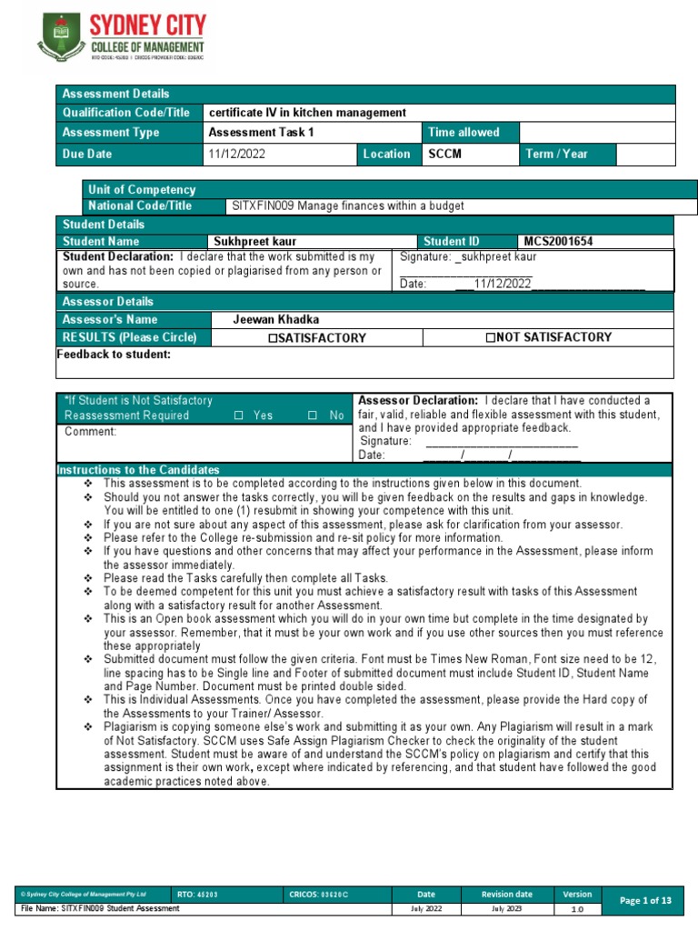 SITXFIN009 Student Assessment Task 1 (1) Preet | PDF | Credit Card | Quick Books