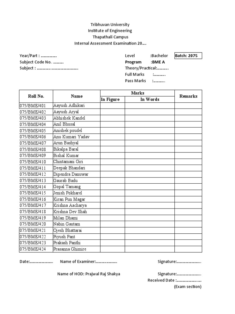 Internal Assessment Marks Format 2080 | PDF | Nepal | Engineering