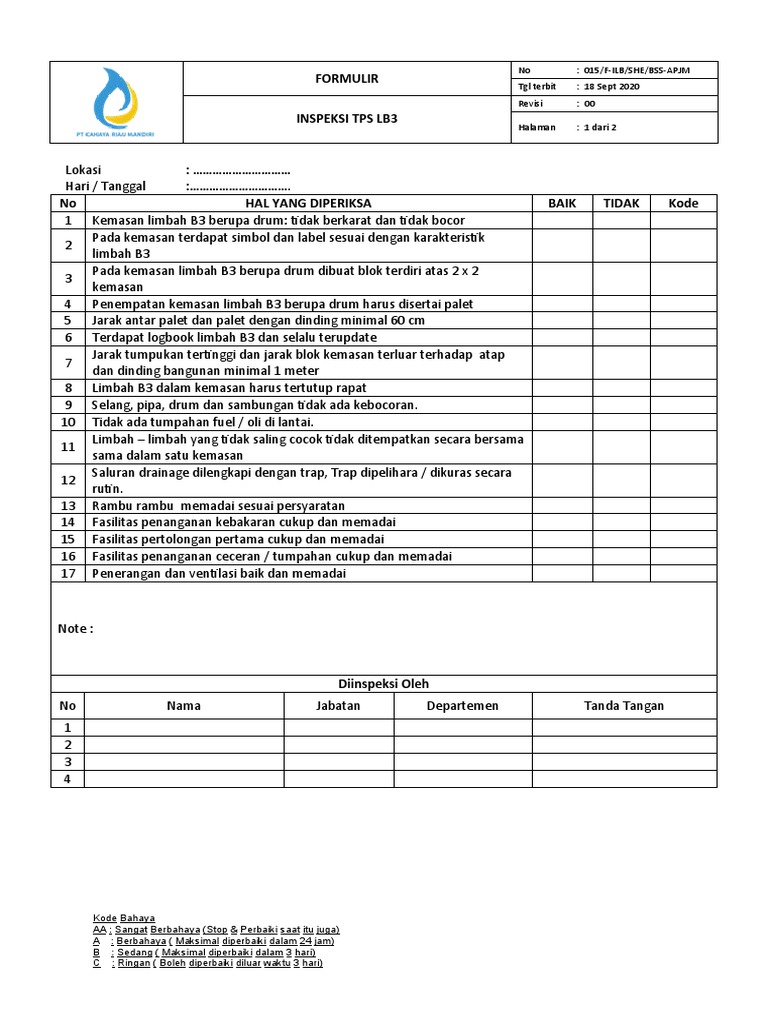 Form-SHE-Inspeksi TPS LB3 | PDF