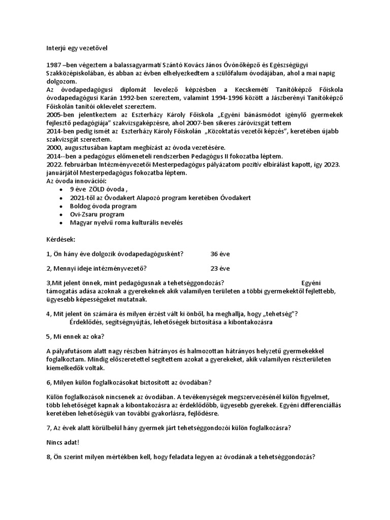 Interjú egy vezetővel Szegi Marika | PDF