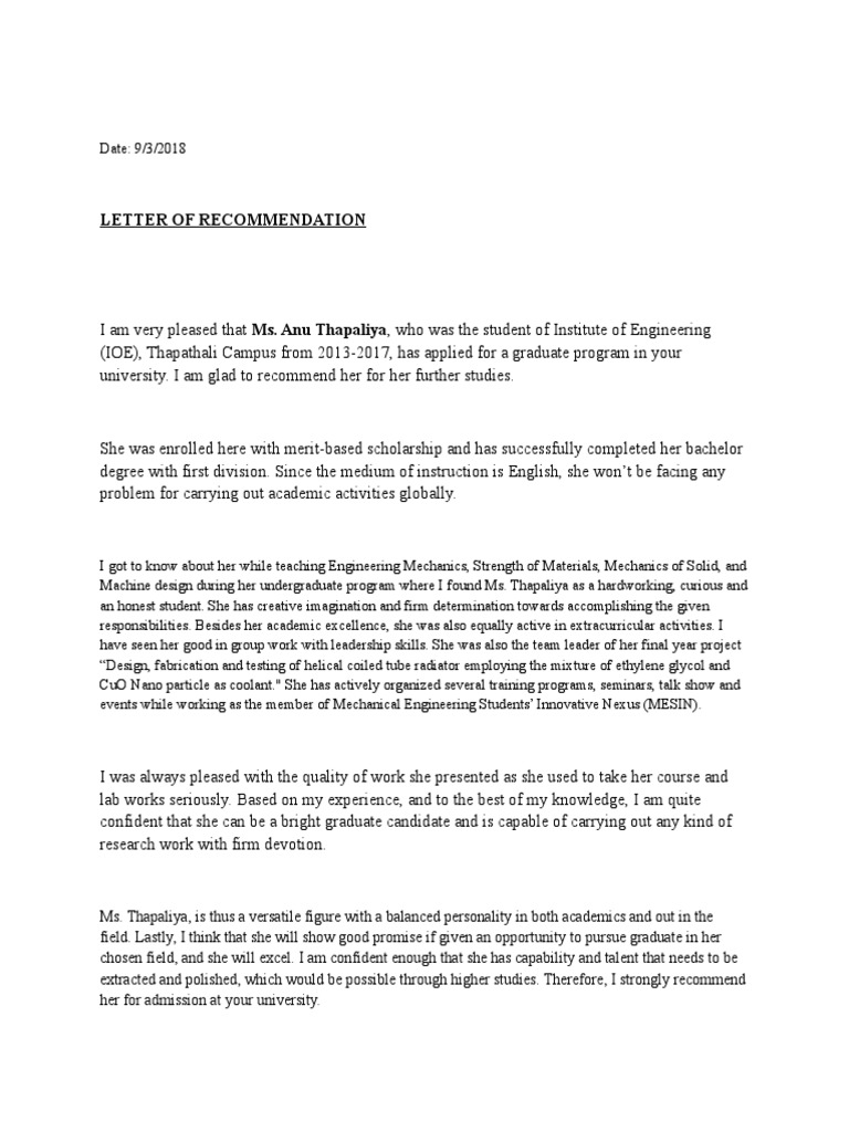 Letter of Recommendation | PDF | Engineering