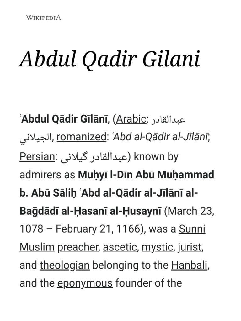 Abdul Qadir Gilani - Wikipedia | PDF | Abrahamic Religions | Islamic Branches