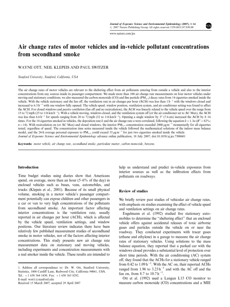 Ott Etal Air Change Rates Motor Vehicles | PDF | Ventilation ...
