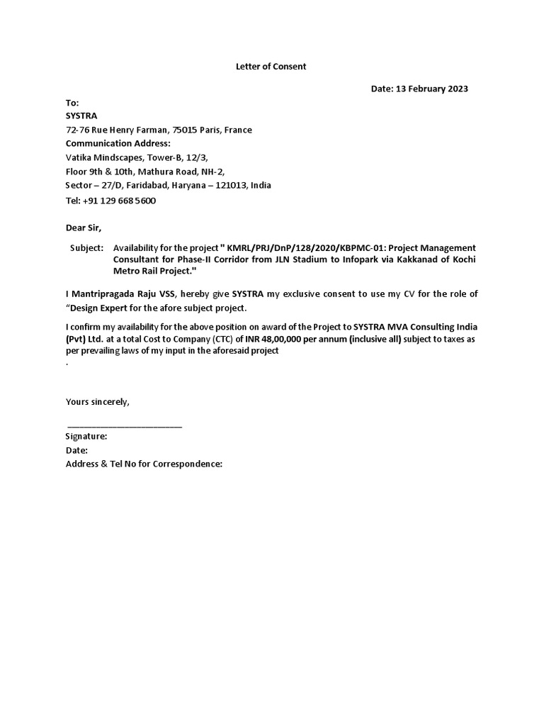 Letter of Consent Mantripragada Raju VSS | PDF