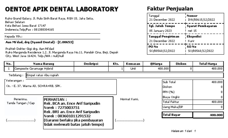 Dental Laboratory Invoice Template | PDF