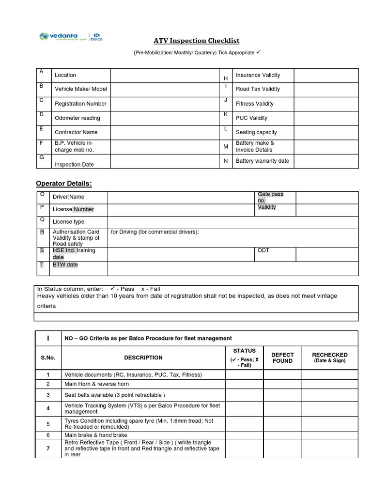 ATV Inspection and Maintenance Checklist | PDF | Vehicles | Automotive ...