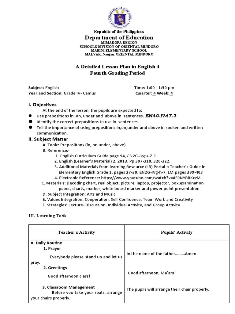 Department of Education: A Detailed Lesson Plan in English 4 Fourth ...