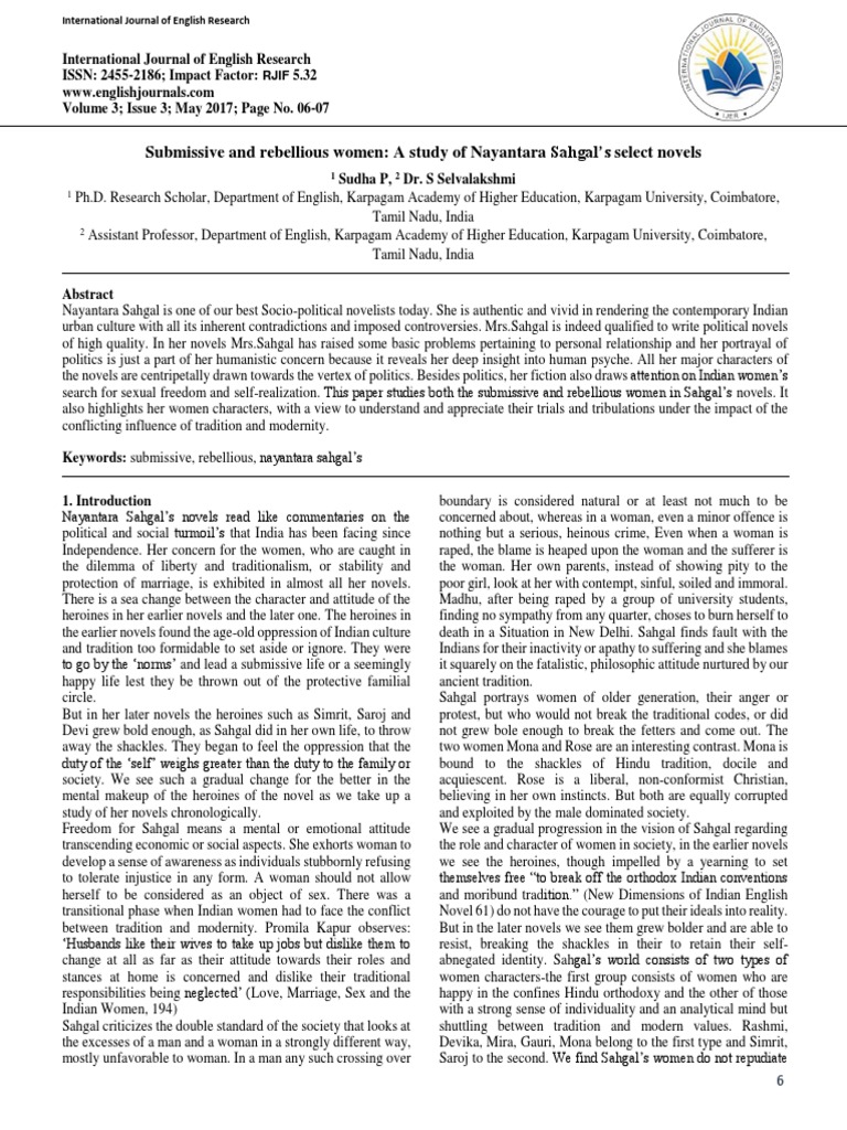 Submissive and Rebellious Women: A Study of Nayantara Sahgal's Select Novels | PDF | Marriage