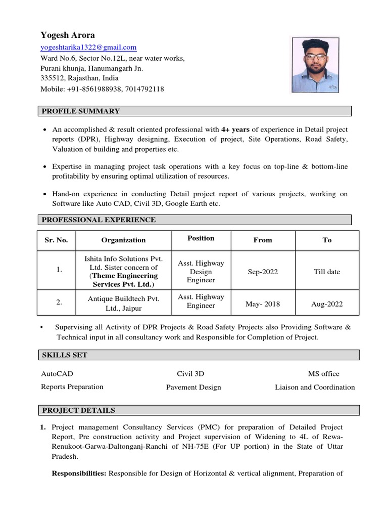 Yogesh Arora CV | Download Free PDF | Road | Transport Infrastructure
