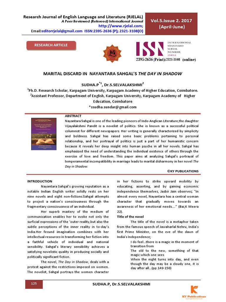 Marital Discard in Nayantara Sahgal's The Day in Shadow | PDF | Divorce | Marriage