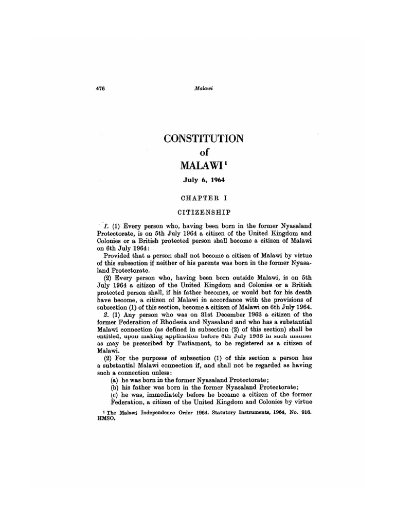 Malawi Constitution 1964 | PDF