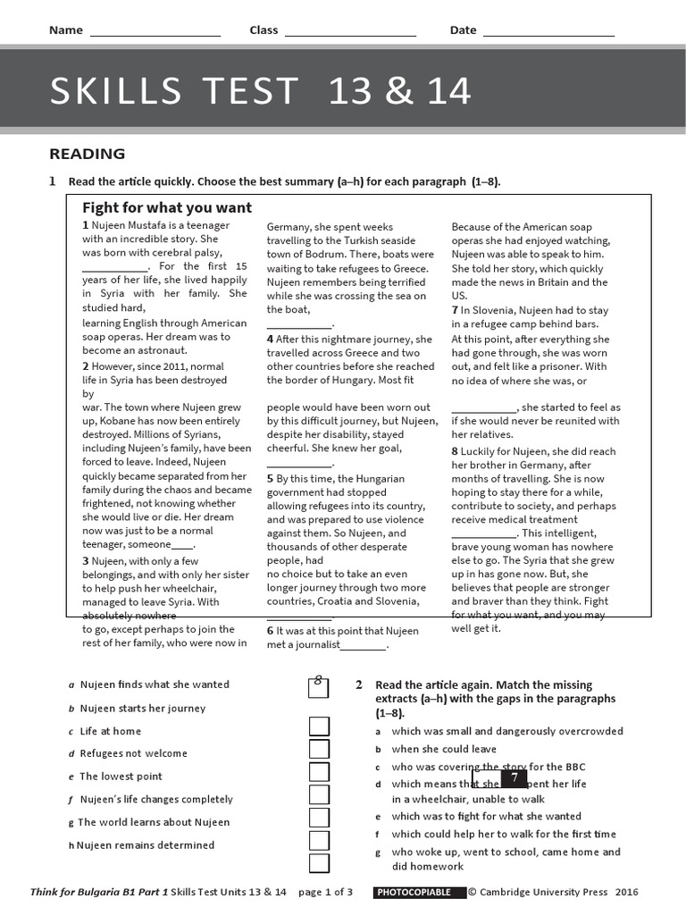 Think For Bulgaria B1 Part 1 Skills Test Units 13-14 | PDF