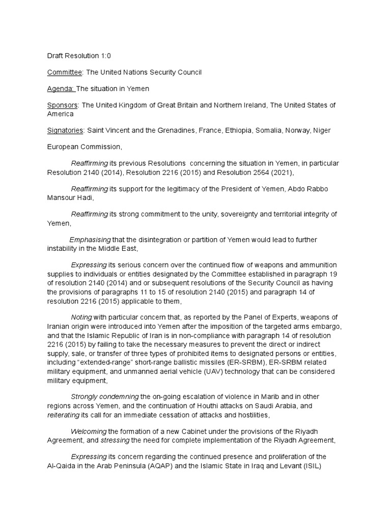 Draft Resolution 1:0: A Comprehensive Approach to Enforcing the Yemen ...