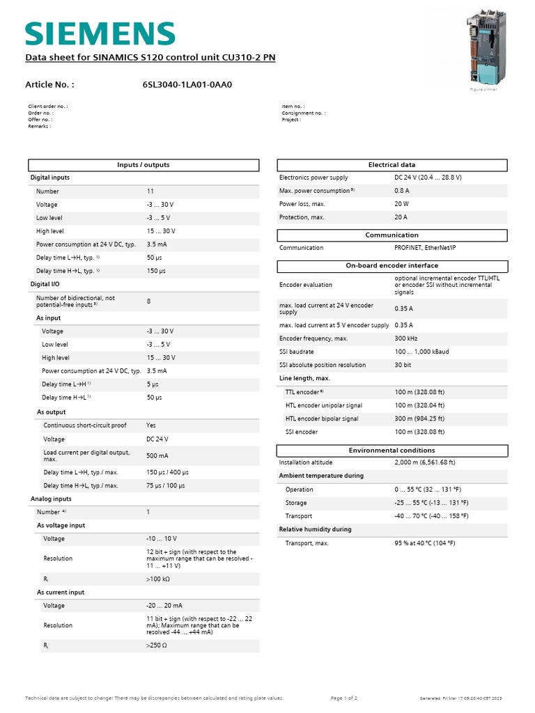 SINAMICS S120 CU310-2 PN Data Sheet | PDF | Bit | Power Supply