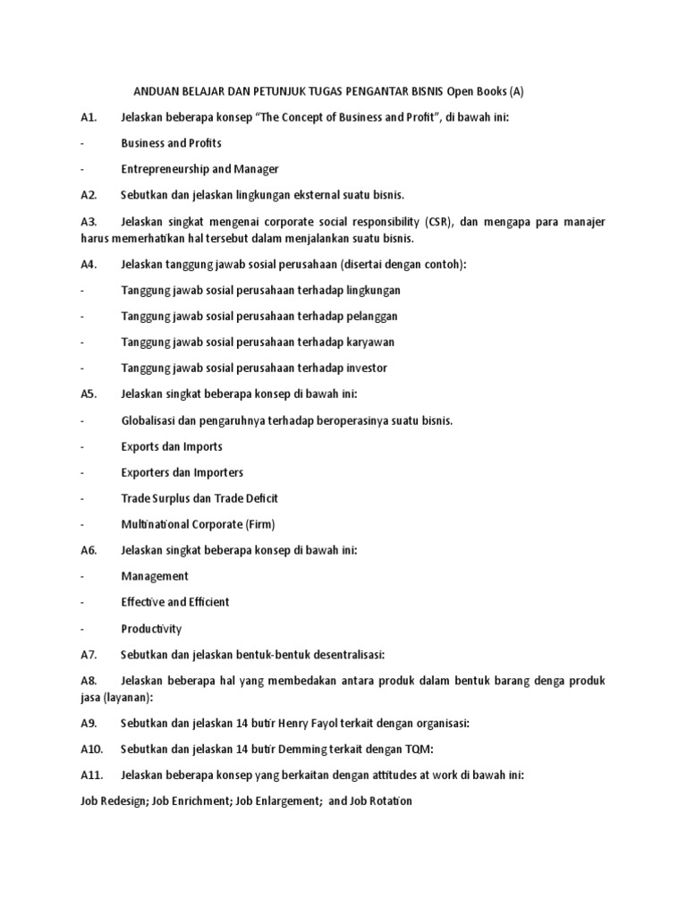 ANDUAN BELAJAR DAN PETUNJUK TUGAS PENGANTAR BISNIS Open Books | PDF